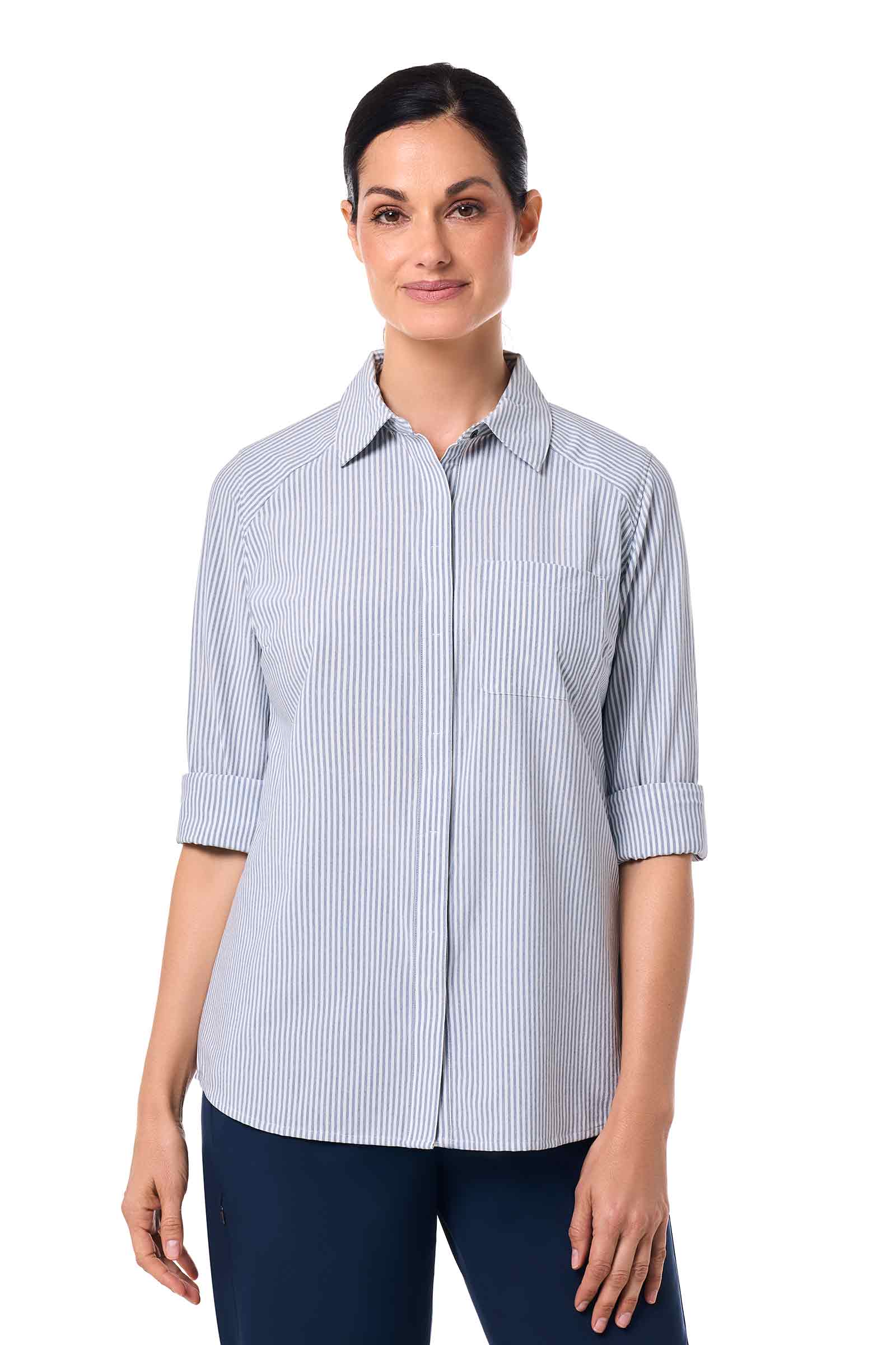 Women's Amara Smart Long Sleeve Shirt | White/Navy Stripe UPF 50+