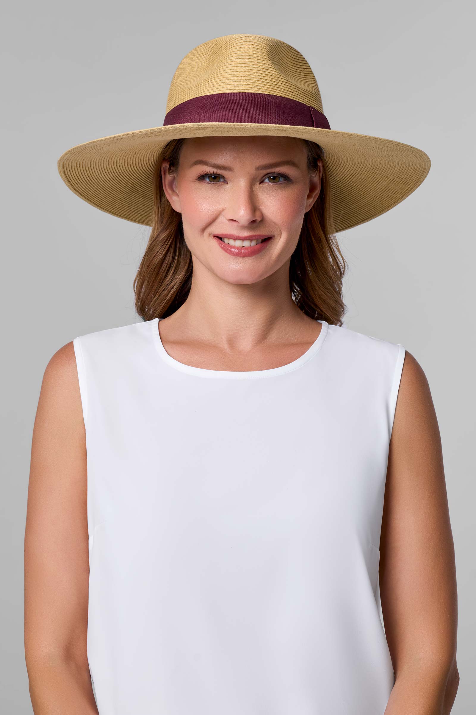 Women's Large Brim Fedora | Natural/Burgundy UPF 50+