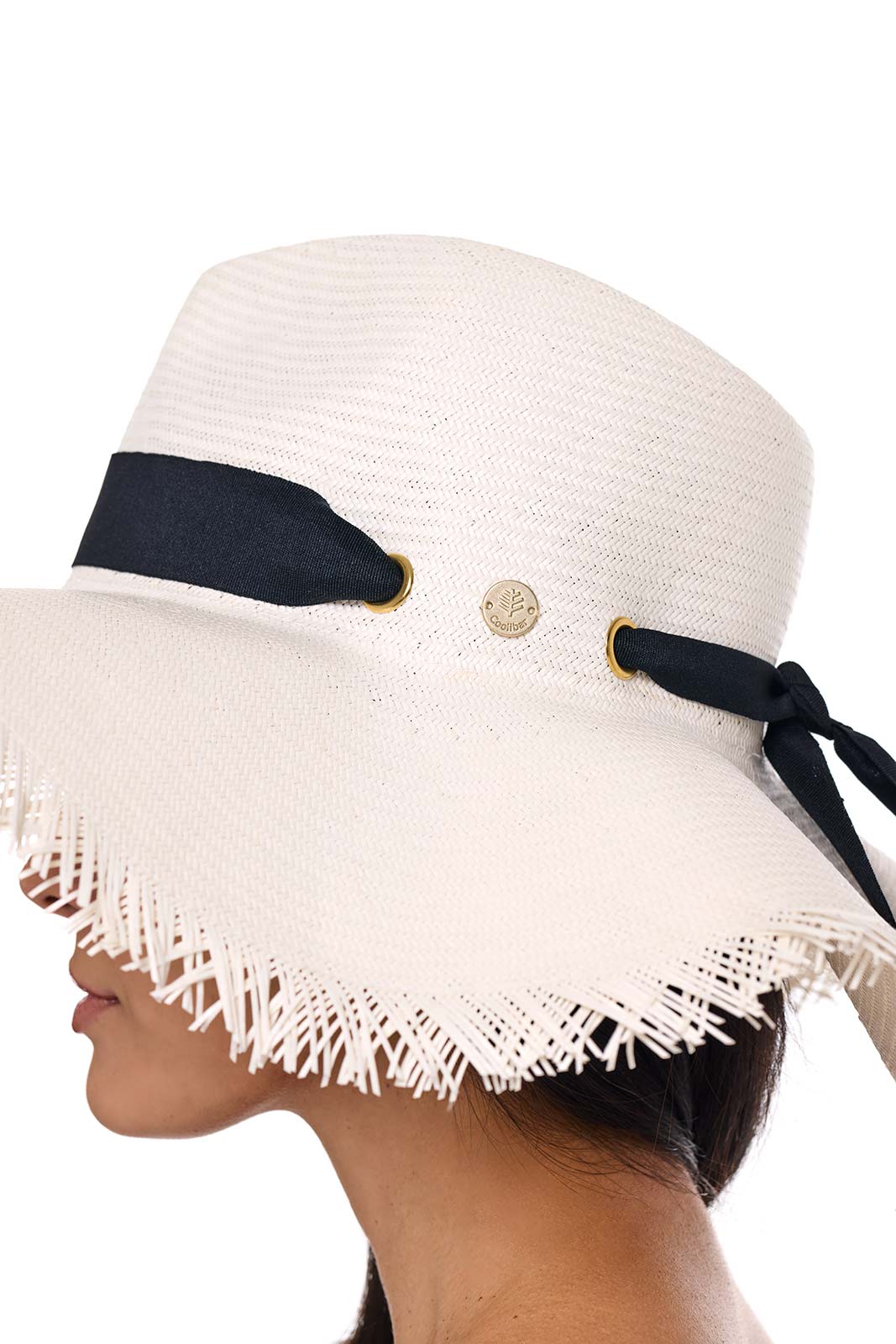 Nassau Shantung Straw Frayed Sun Hat | Black UPF 50+