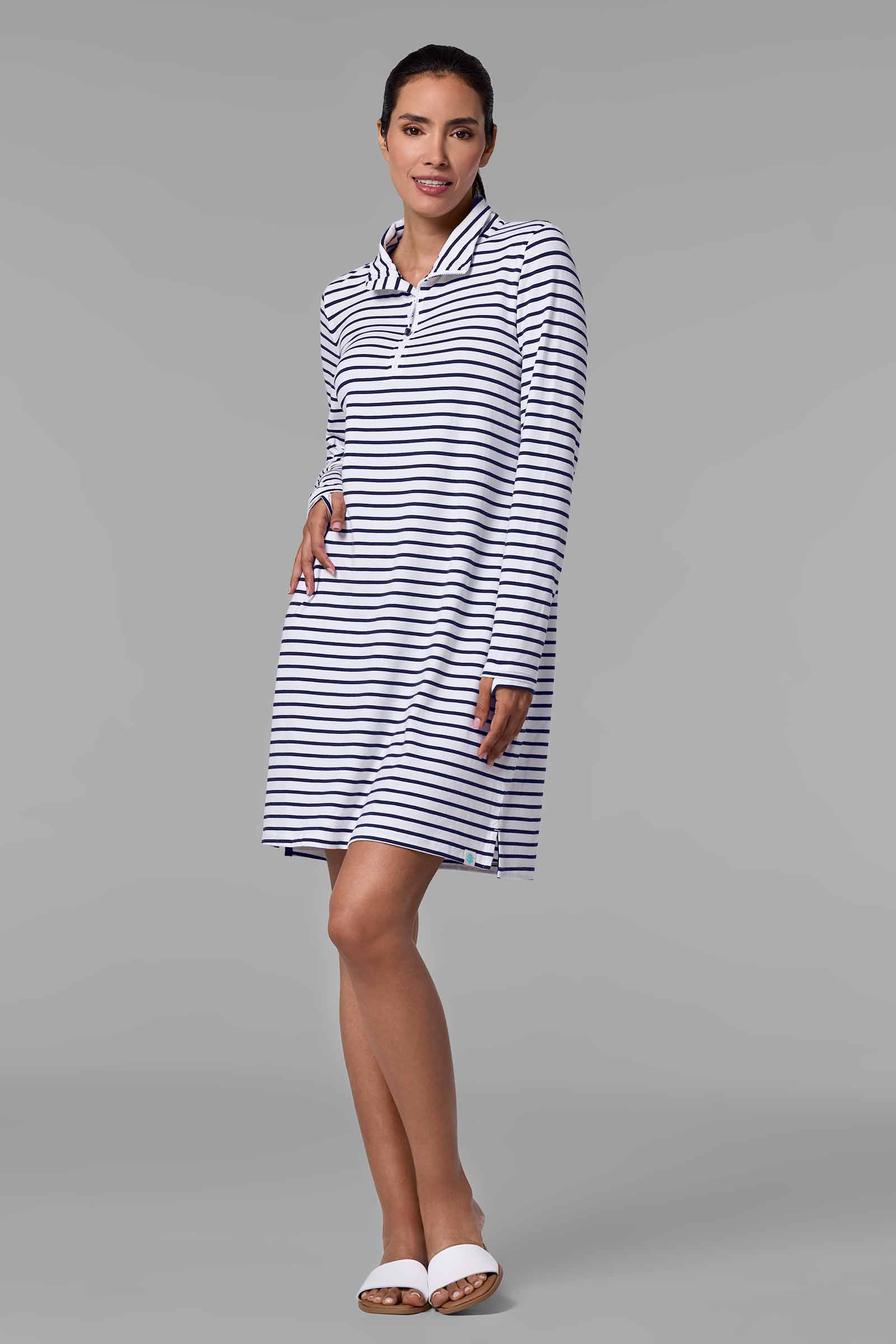 Quarter-Zip Dress | White/Navy Stripe UPF 50+